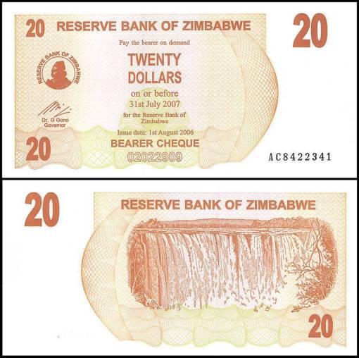 Zimbabwe 20 Dollars Bearer Cheque 2006 P40 UNC Unique and Rare ...