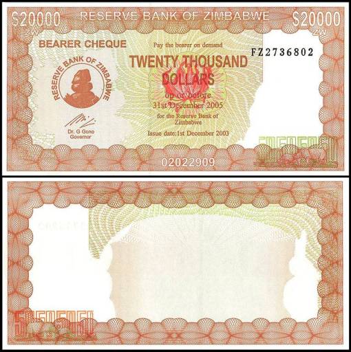 Zimbabwe 20000 Dollars Bearer Cheque 2003 P23f UNC Unique and Rare ...