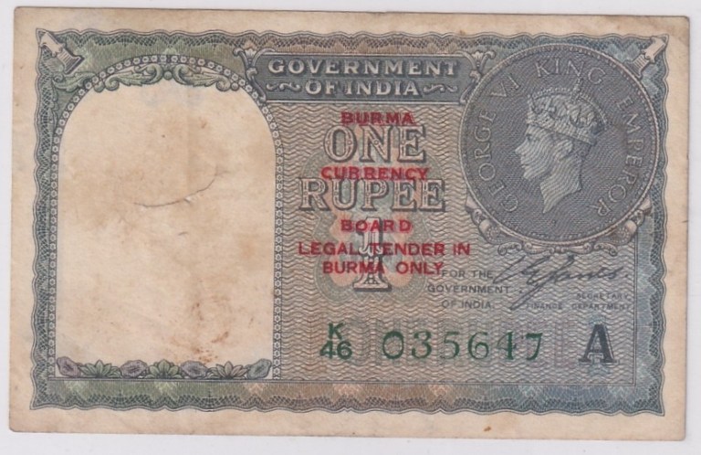 British India Burma Overprint 1 Rupee 1940 CE Jones Signature Very Fine ...