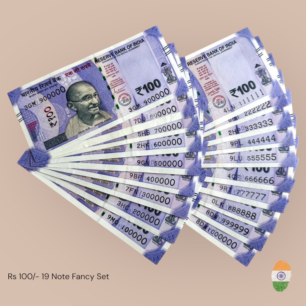 Rs 100 India Banknote 19 Note Solid Fancy Number Set 111111 to 1000000 ...