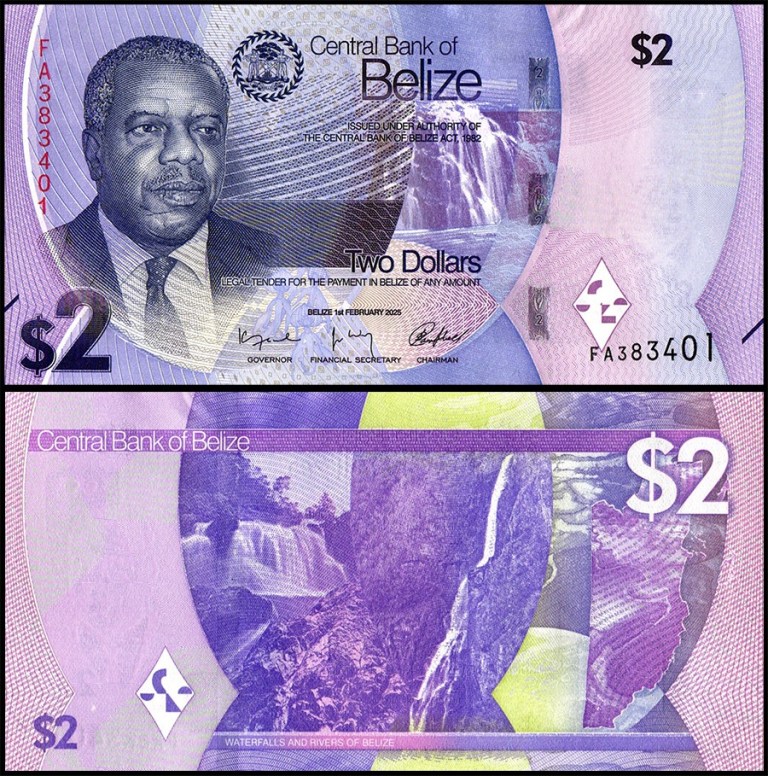 Belize 2 Dollars Banknote 2025 P73 UNC Latest Unique and Rare ...