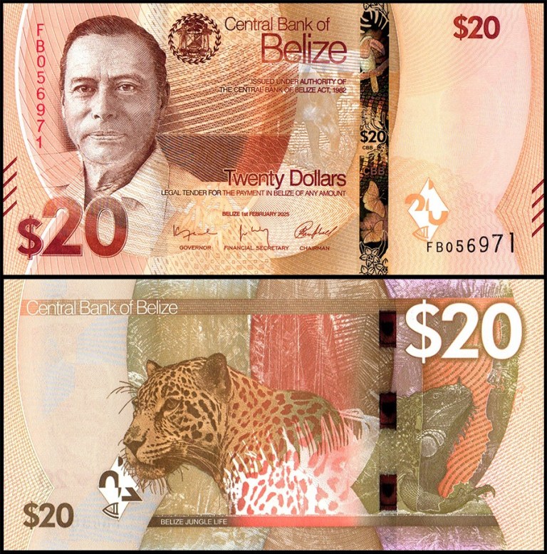 Belize 20 Dollars Banknote 2025 P76 UNC Latest Unique and Rare ...