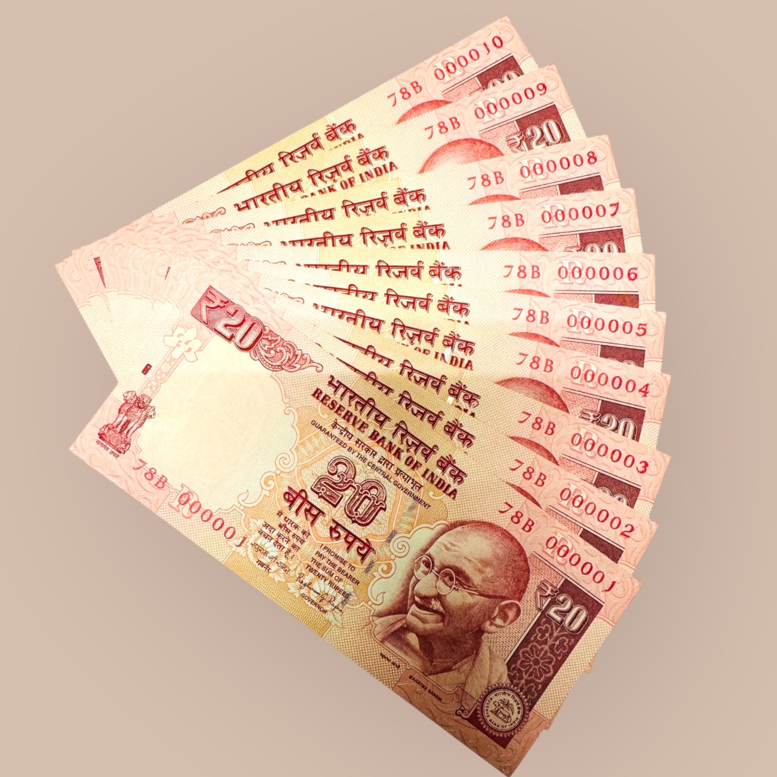 Rs 20 India Banknote Rare Issue Low Serial 000001 To 000010 Unique and ...