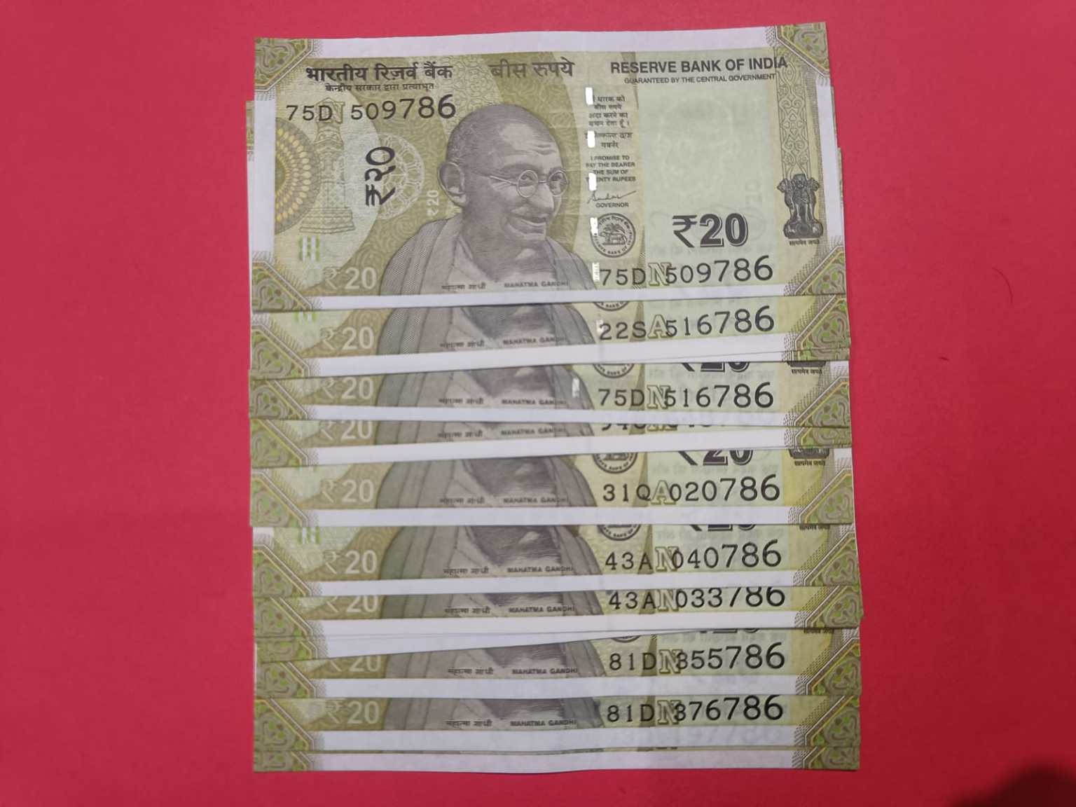 20 Rs Set of 15 Notes ending with 786 GEM UNC Condition - Coinbazzar.com