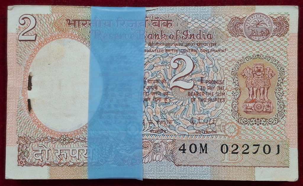 2 RUPEES SATELLITE GOVERNOR R.N.MALHOTRA RARE (100 NOTE) SERIAL PACKET ...