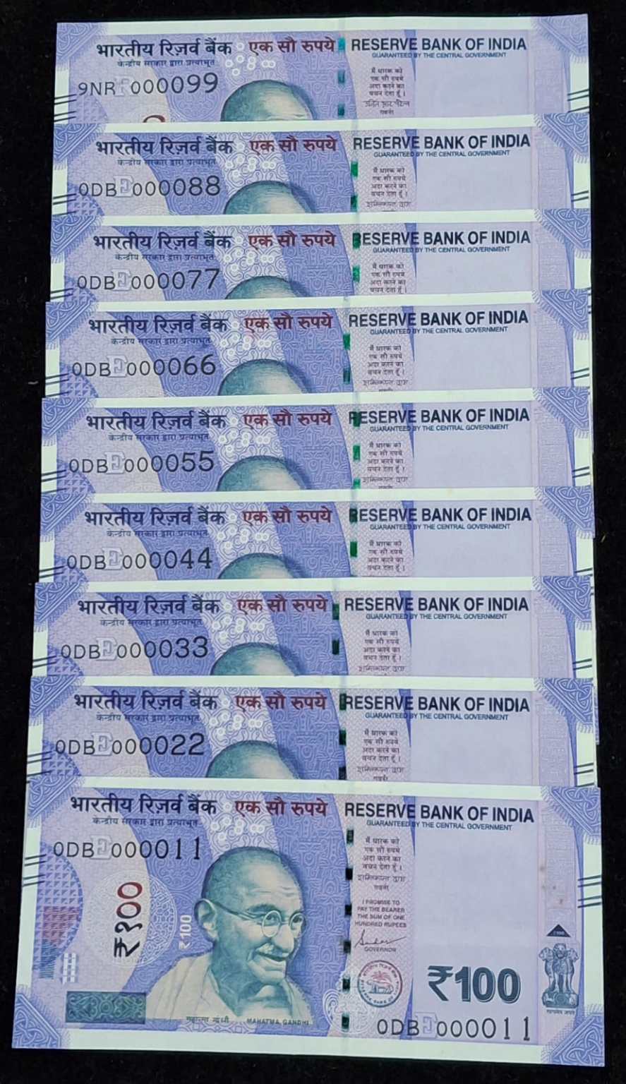 000011 - 000099 ( 9 PCS SET) 100 RUPEES GEM UNC RARE ( 9 NOTE SET ...