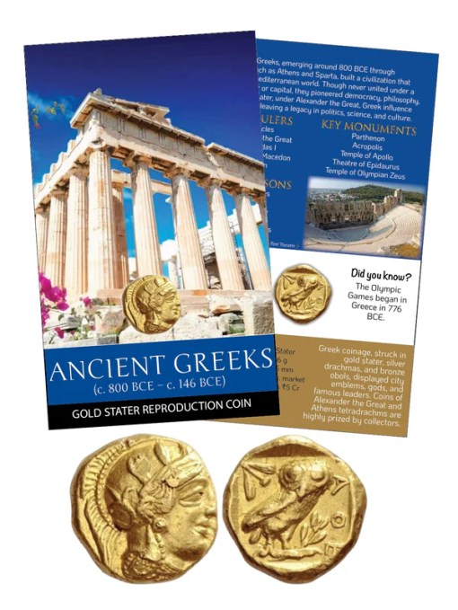 ANCIENT GREEKS – Gold Stater Reproduction Coin WITH BEAUTIFUL FOLDER ...