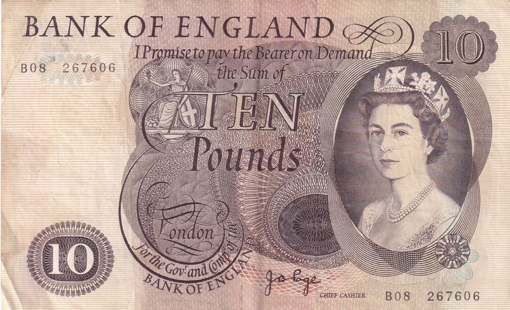 Ex Rare 10 Pounds 1970-75 Queen Elizabeth II Old Very Fine Note #1 ...
