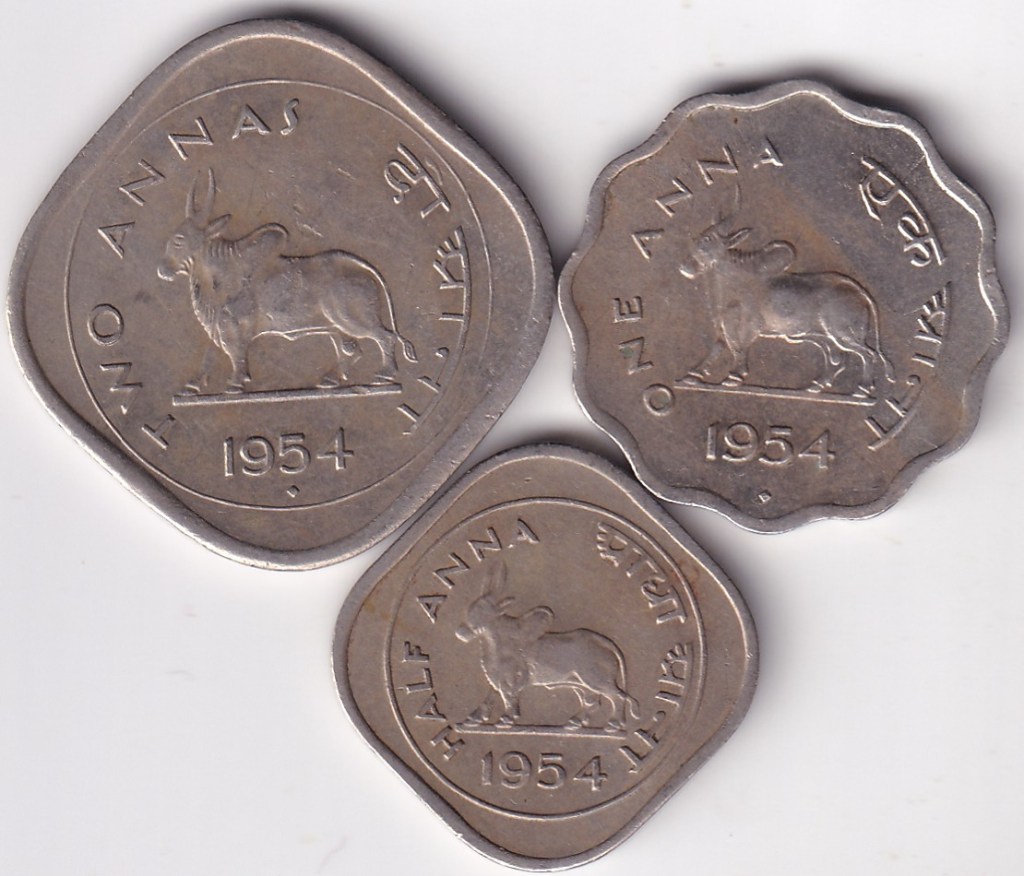 Republic India 1954 Nickel 2 Annas 1 Anna 1/2 Anna Three Coins Set Rare ...