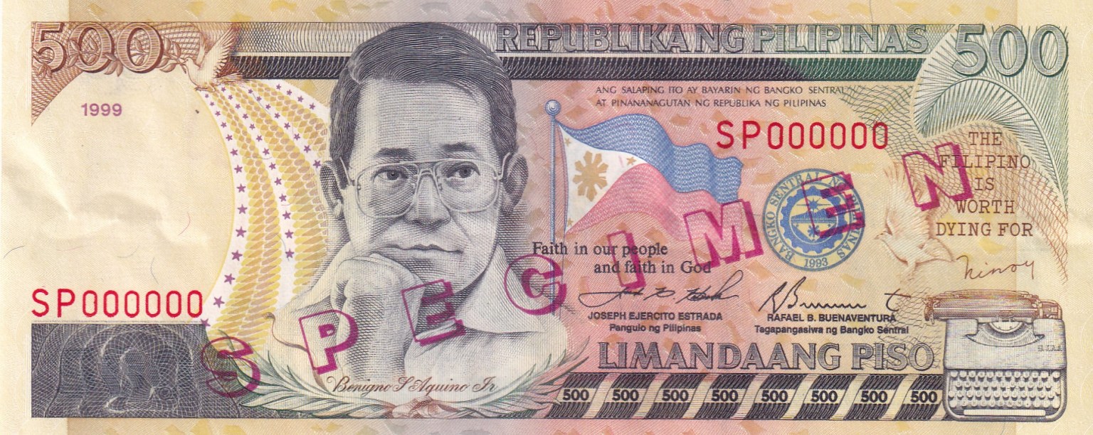SPECIMEN 000000 Philippines 500 Piso rare UNC Note - Coinbazzar.com
