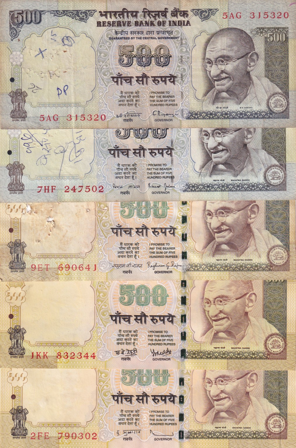 5 Different Governor Old Issue 500 Rupees (5 PCS) Note Set – Coinbazzar.com