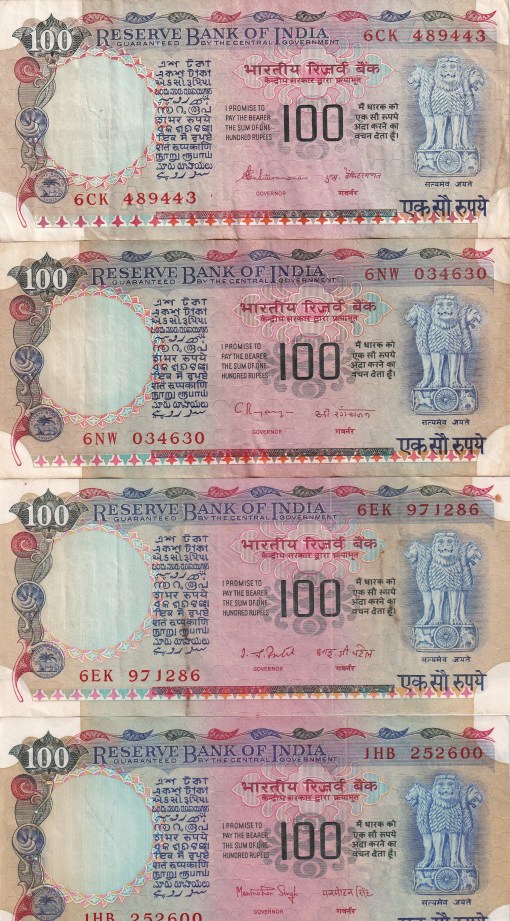 4 Different Governor 100 Rupees Old Issue (4 Note) Set - Coinbazzar.com