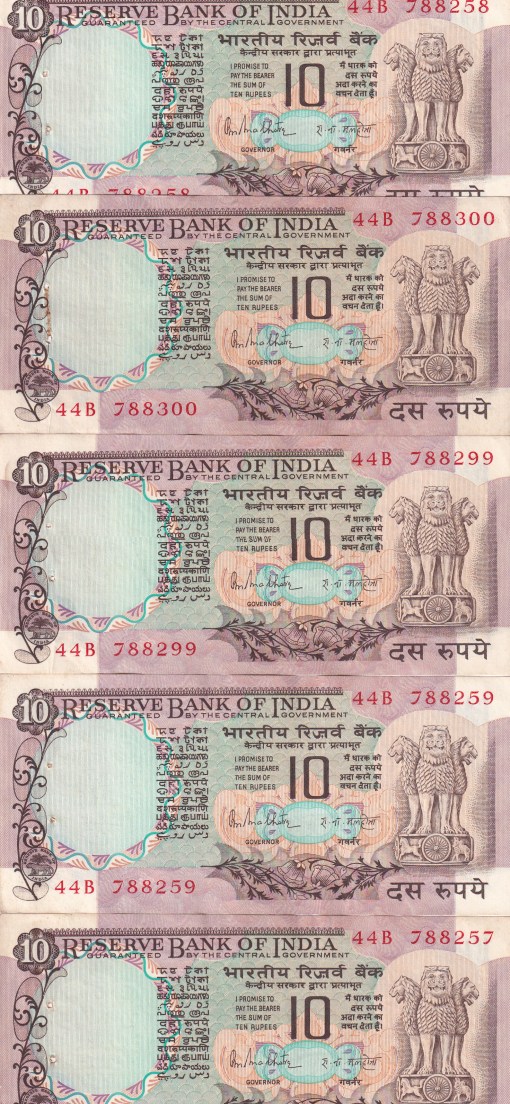 10 Rupees Peacock Governor R.N Malhotra UNC Condition (5 Pcs Lott) Note ...