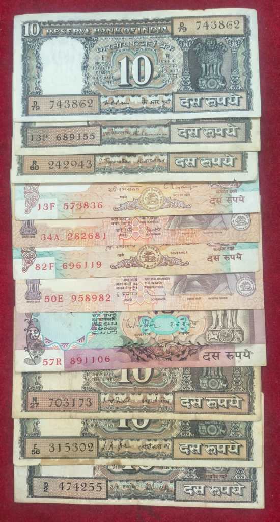 11 DIFFERENT GOVERNOR 10 RUPEES (11 PCS) NOTE SET - Coinbazzar.com