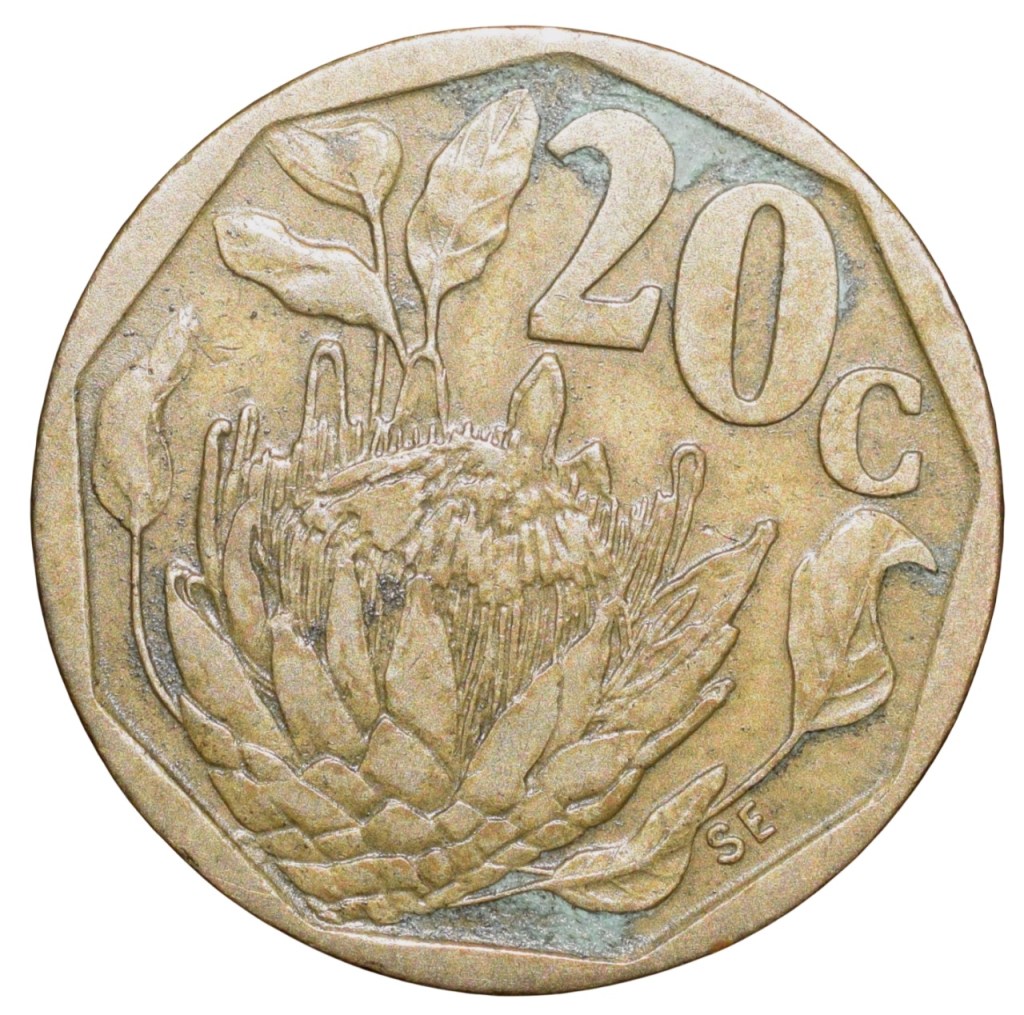 Aluminium-Brass 10 Cents of South Africa (AD 1993) with Protea flower ...