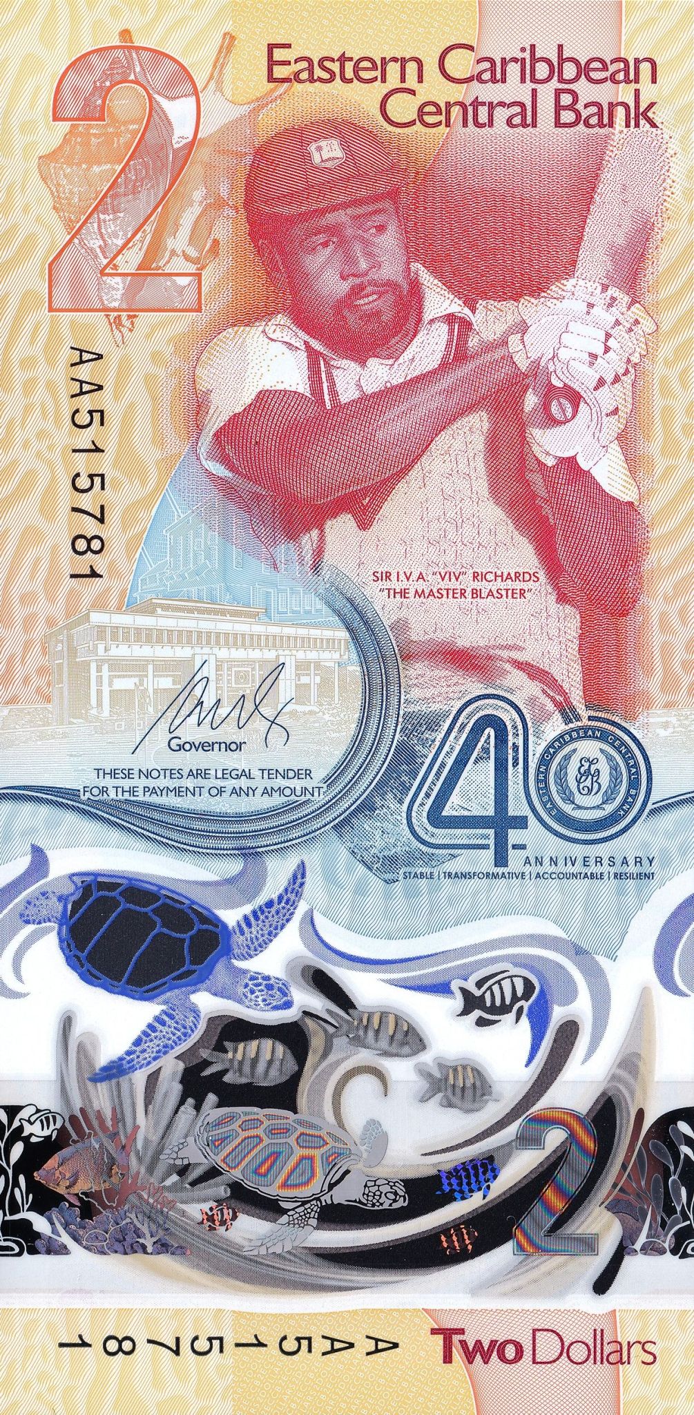 Polymer 2 Dollar of East Caribbean (AD 2023) Commemorative issue - Sir ...