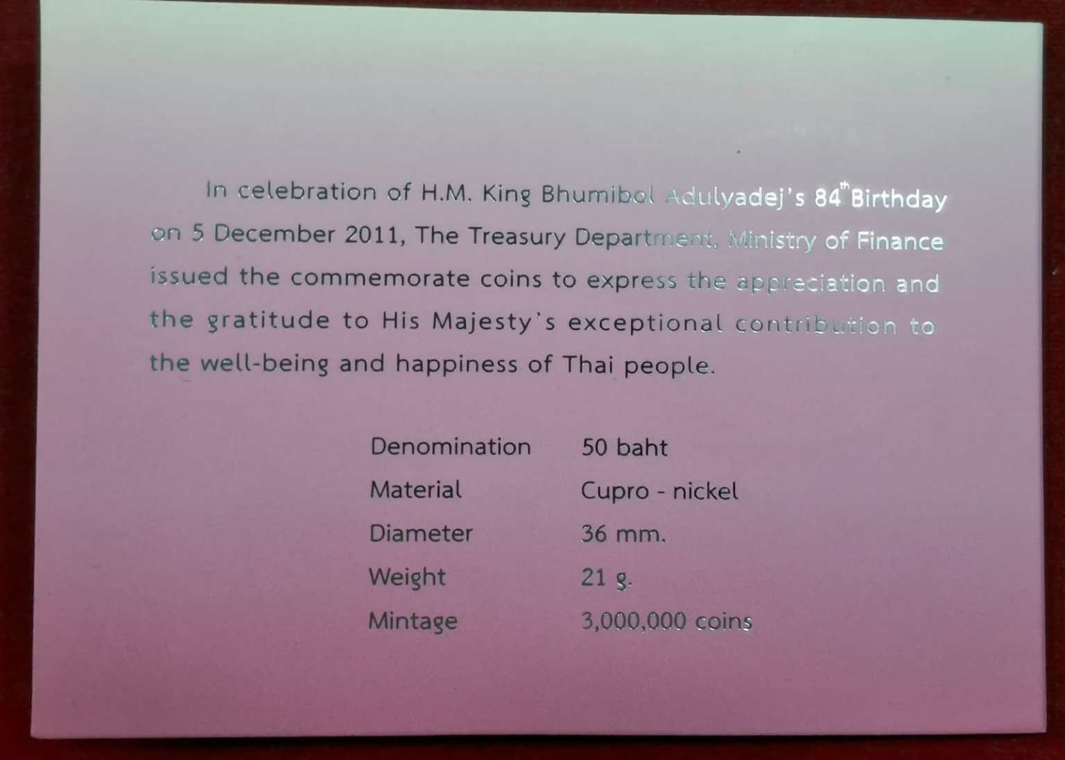 THAILAND 50 Baht 2011, King's Seventh Cycle, 84th BIRTHDAY of RAMA IX ...