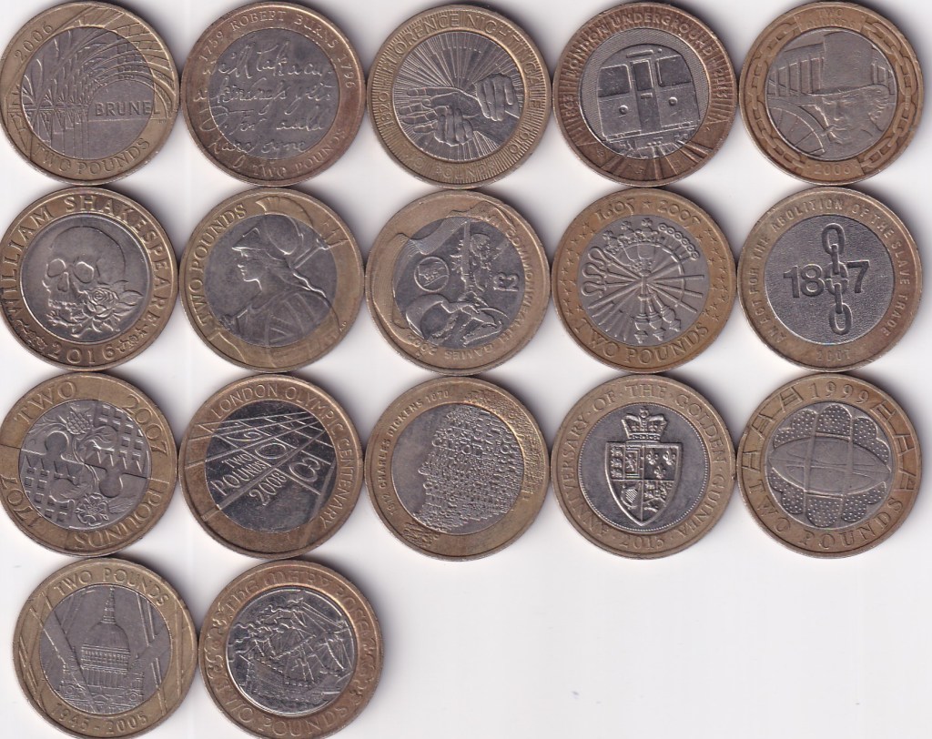 17 DIFFERENT COMMEMORATIVE ENGLAND 2 POUND BYMETALLIC COIN SET #Z-97 ...