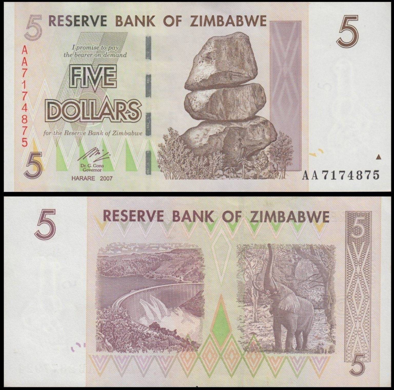 Zimbabwe 5 Dollars World Banknote 2007 P66 Used Unique and Rare ...